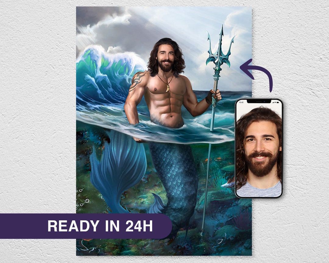 Custom Merman Portrait From Photo, Personalized Mermaid Gifts for Men ...