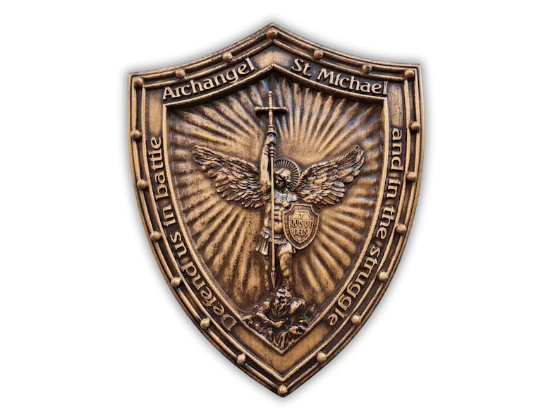 Shield With St Michael Wood Carving, Wooden Shield With Archangel ...