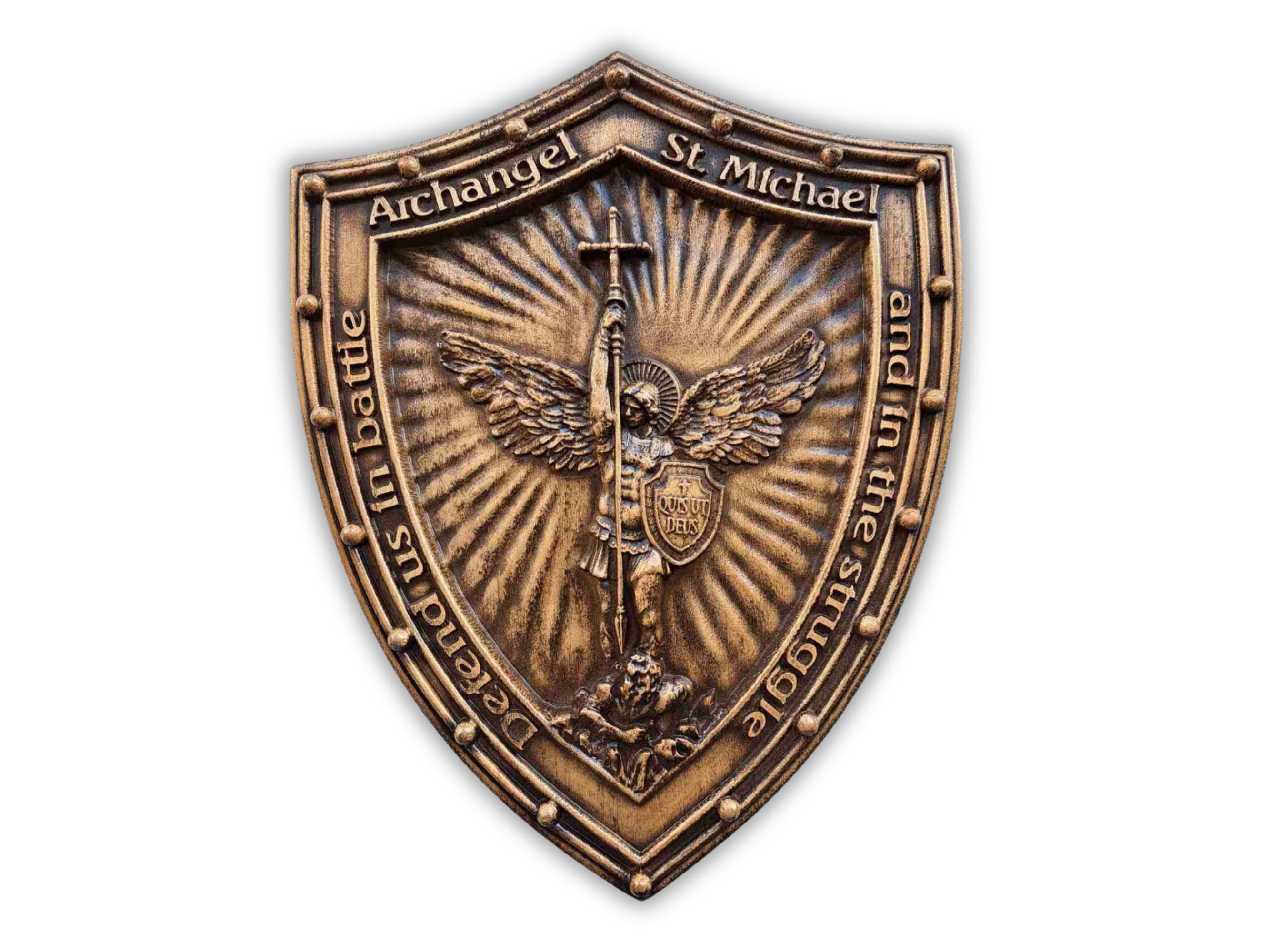 Shield With St Michael Wood Carving, Wooden Shield With Archangel ...
