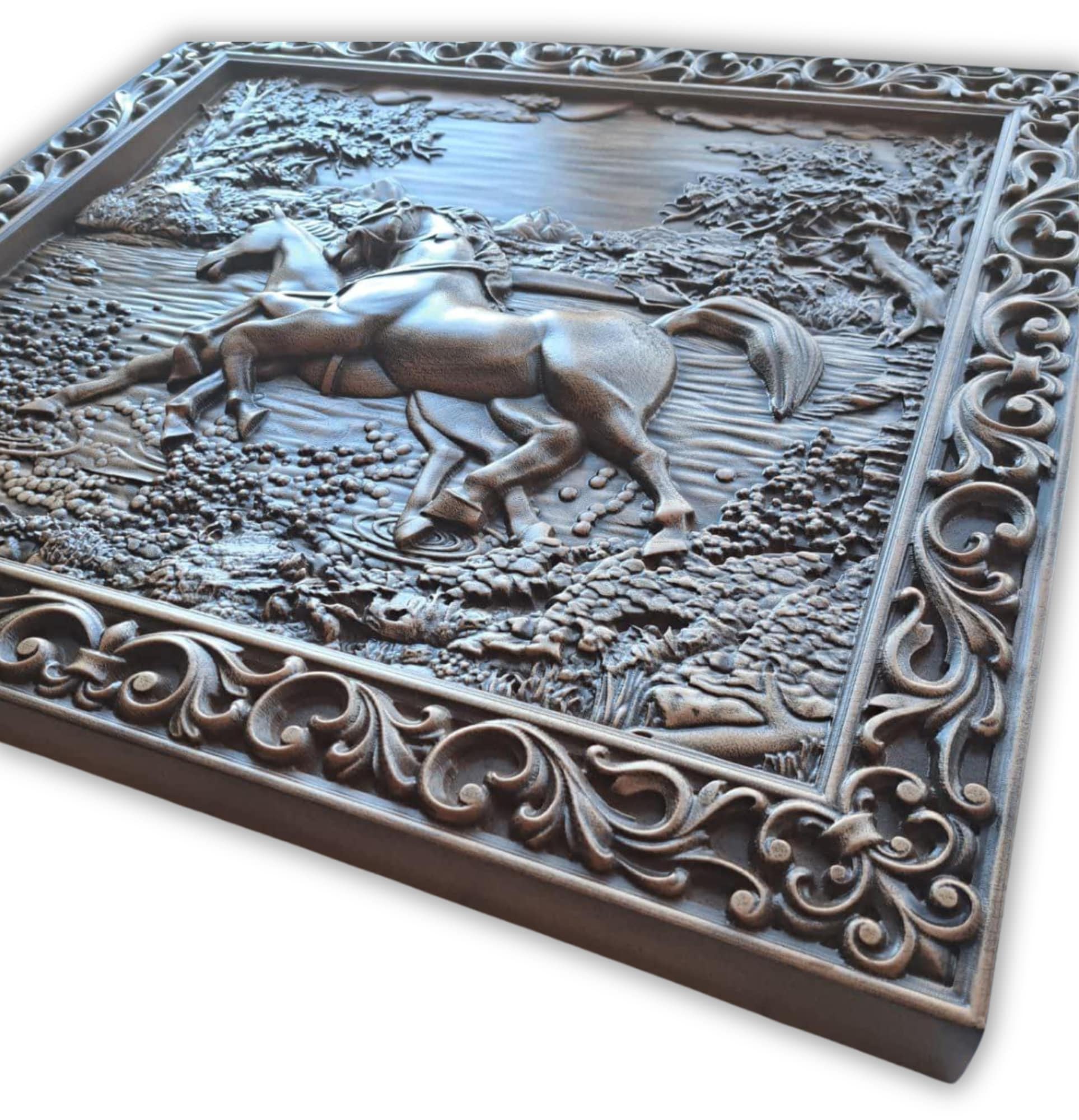 Pair of Running Horses Wood Carving, Horses in the Forest Wall Hanging ...