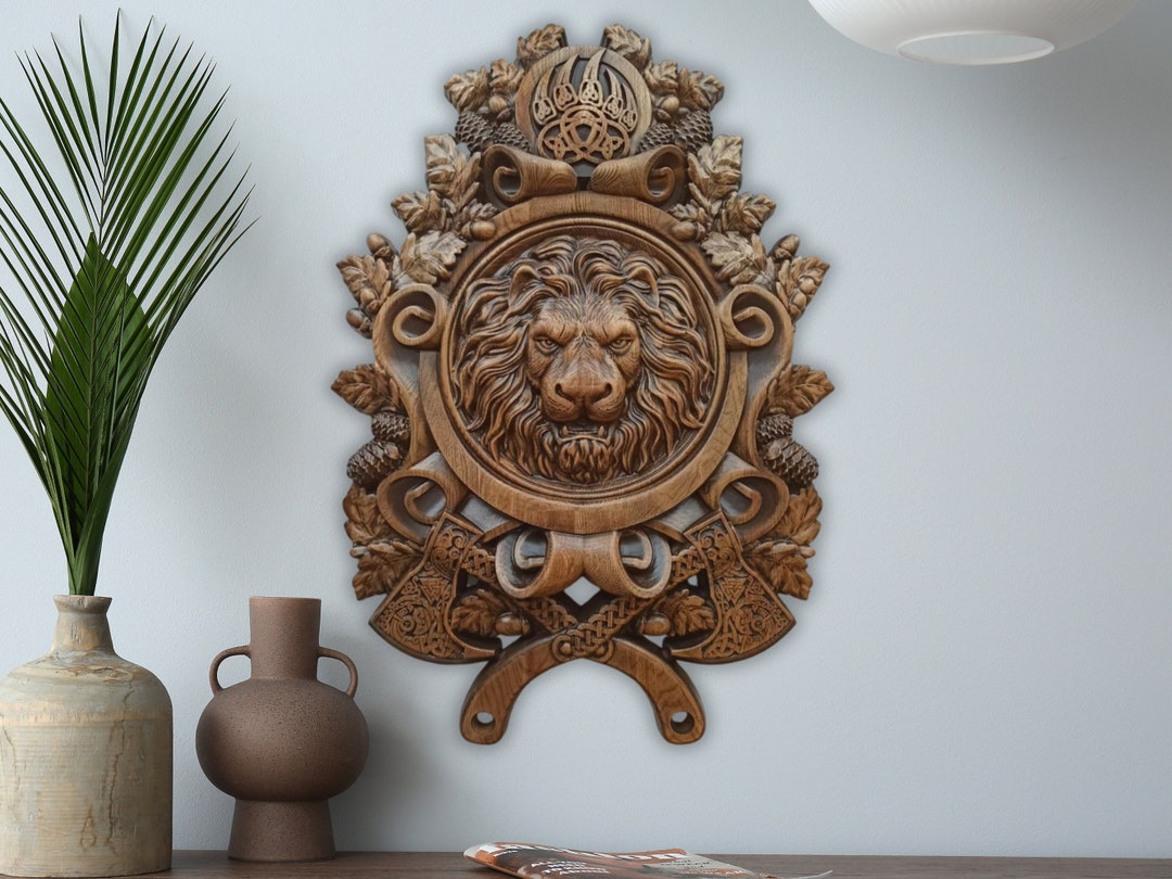 Celtic Lion Wood Carving, Lion Head Wooden Decor, Wood Carved Lion Head ...