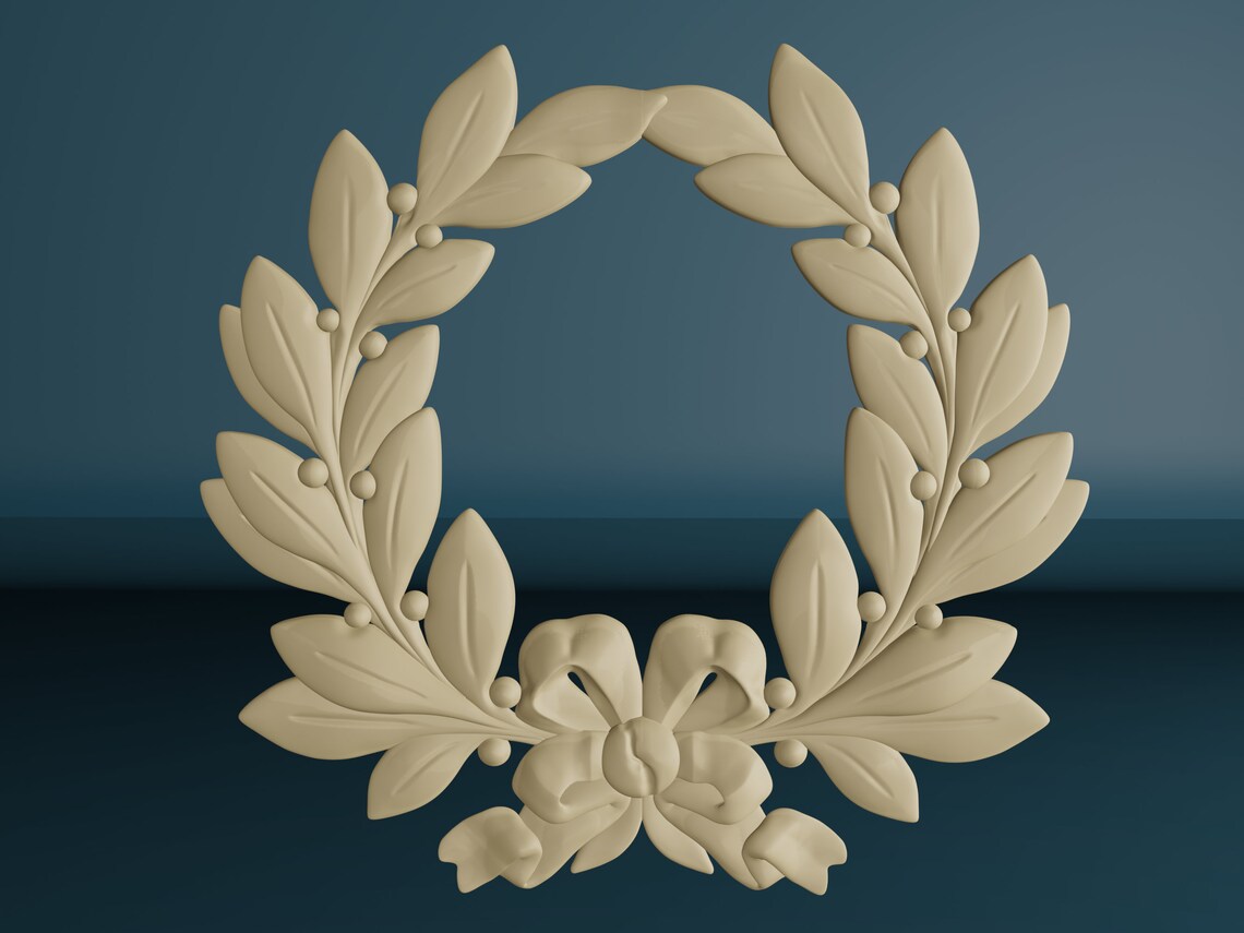 Wood Carved Laurel Wreath With Ribbon, Unpainted Wooden Onlay, Wreath ...
