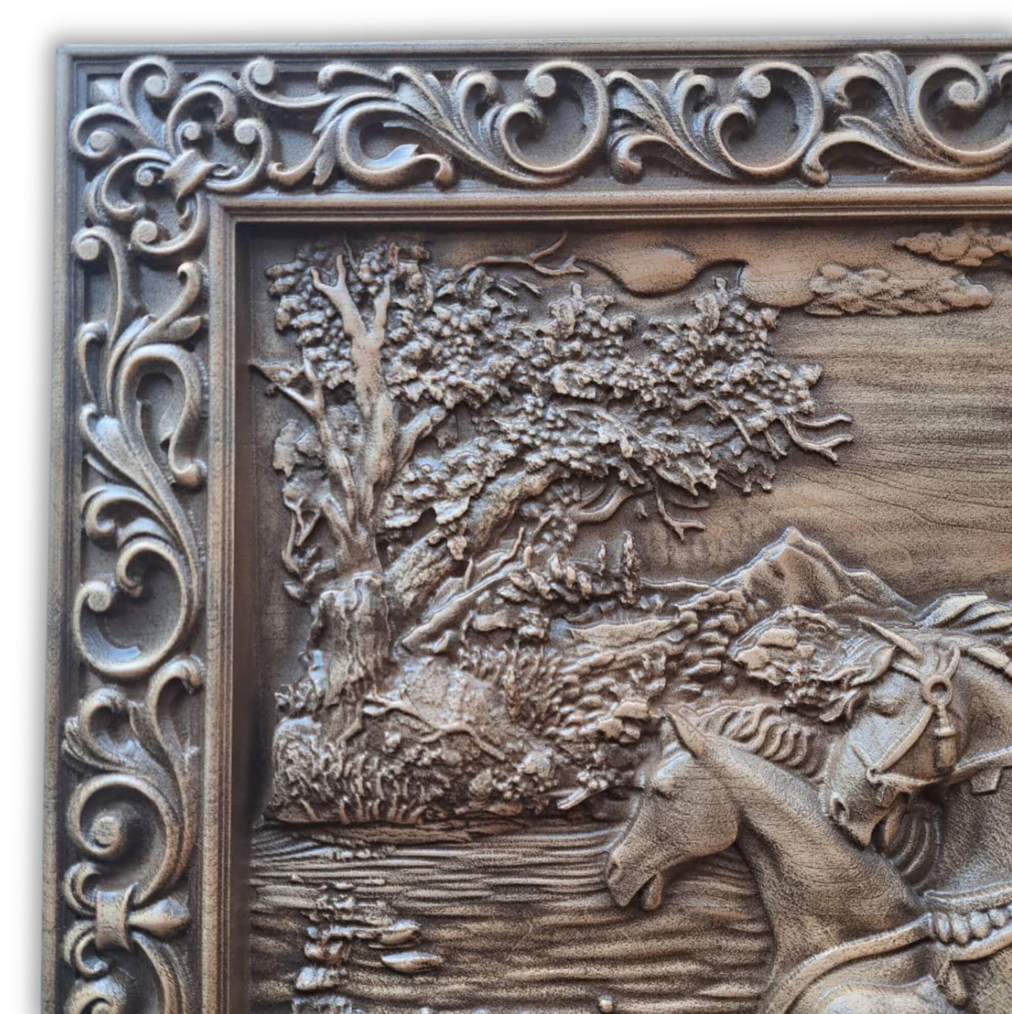 Pair of Running Horses Wood Carving, Horses in the Forest Wall Hanging ...