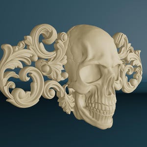 Gothic Style Skull Wood Carved, Wooden Skull Applique With Ornamental ...