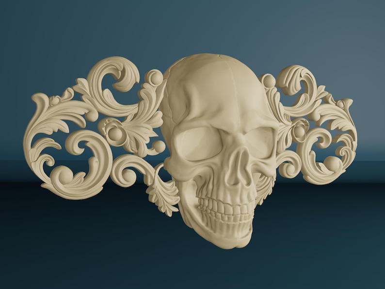 Gothic Style Skull Wood Carved, Wooden Skull Applique With Ornamental ...