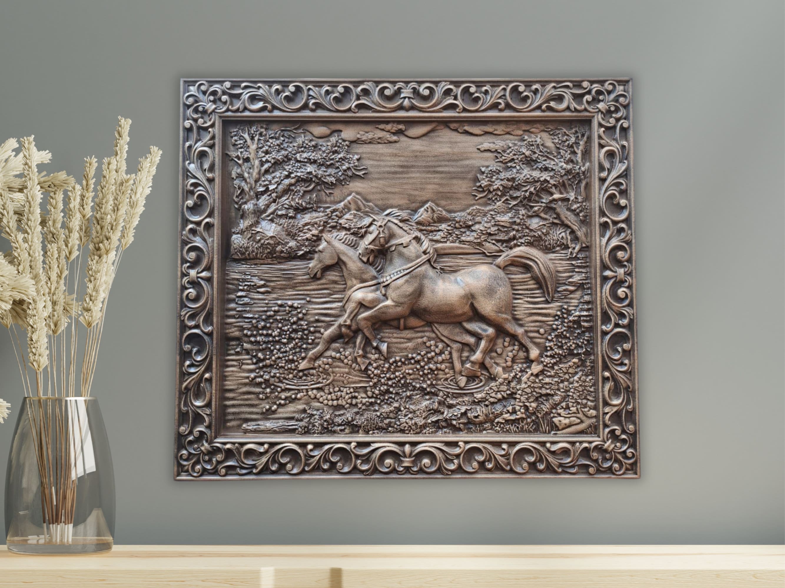 Pair of Running Horses Wood Carving, Horses in the Forest Wall Hanging ...