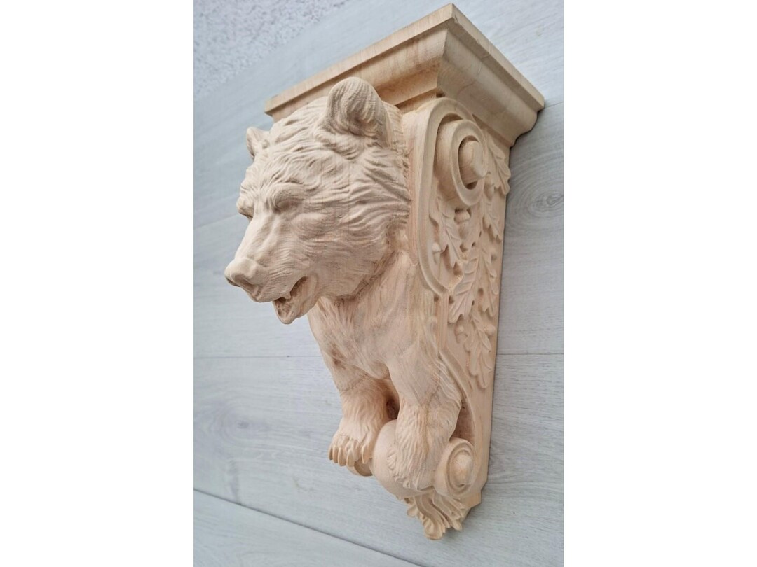 Wood Carved Corbel With Bear, Unpainted Wooden Bracket, Furniture Wood ...