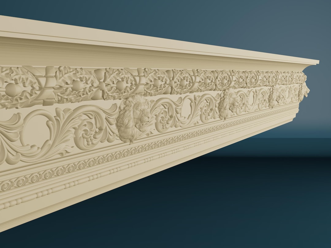 Wood Carved Molding With Lion Head and Oak Leaf Pattern, 40" Length ...