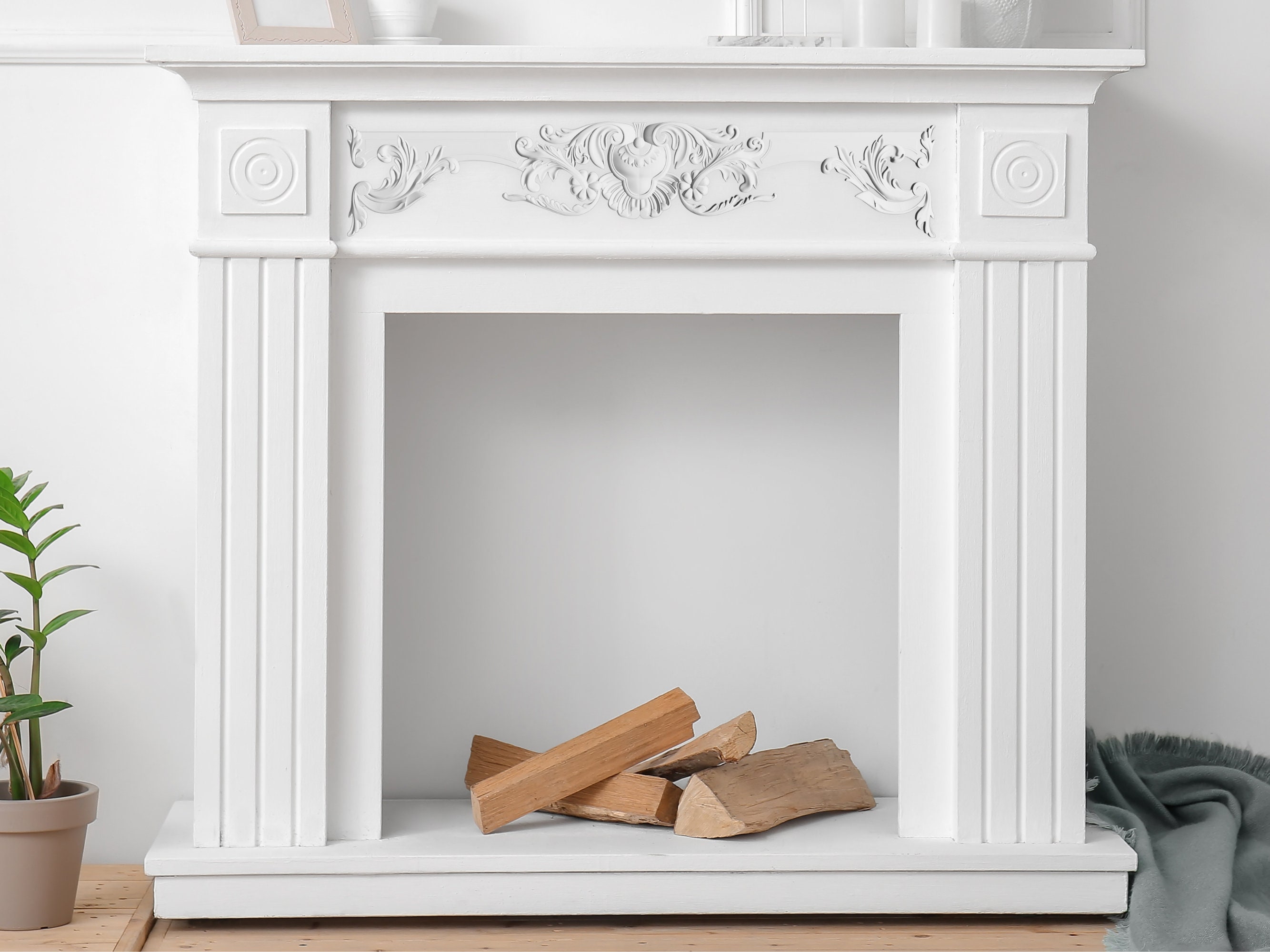 Baroque-style Wood Carved Applique, Unpainted Wooden Onlay, Fireplace ...