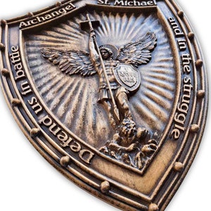 Shield With St Michael Wood Carving, Wooden Shield With Archangel ...