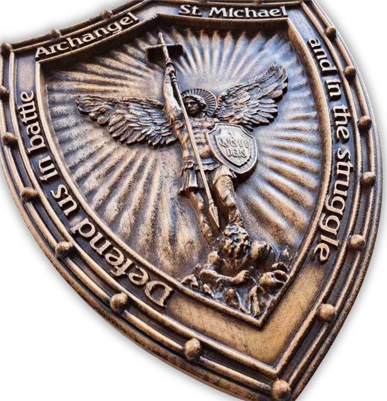 Shield With St Michael Wood Carving, Wooden Shield With Archangel ...