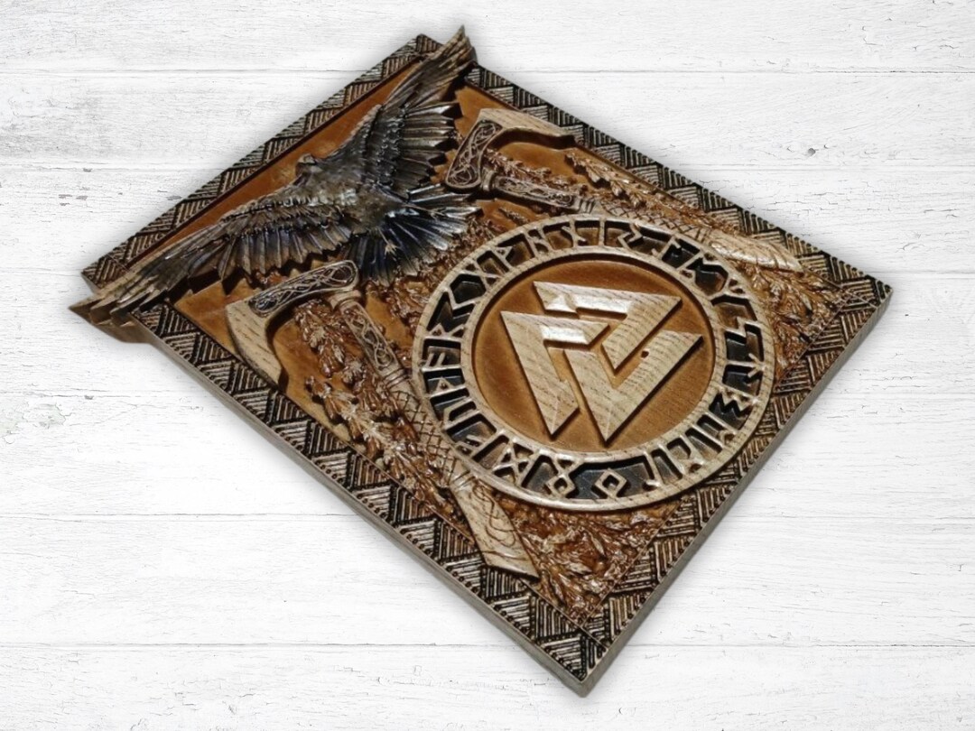 Viking Valknut Runes Wood Carving, Odin's Raven Wood Carved, Norse ...