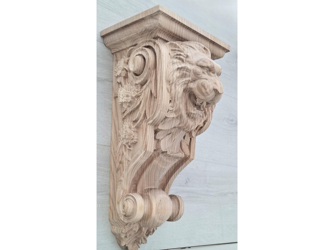 Wood Carved Corbel With Lion, Unpainted Wooden Bracket, Furniture Wood ...