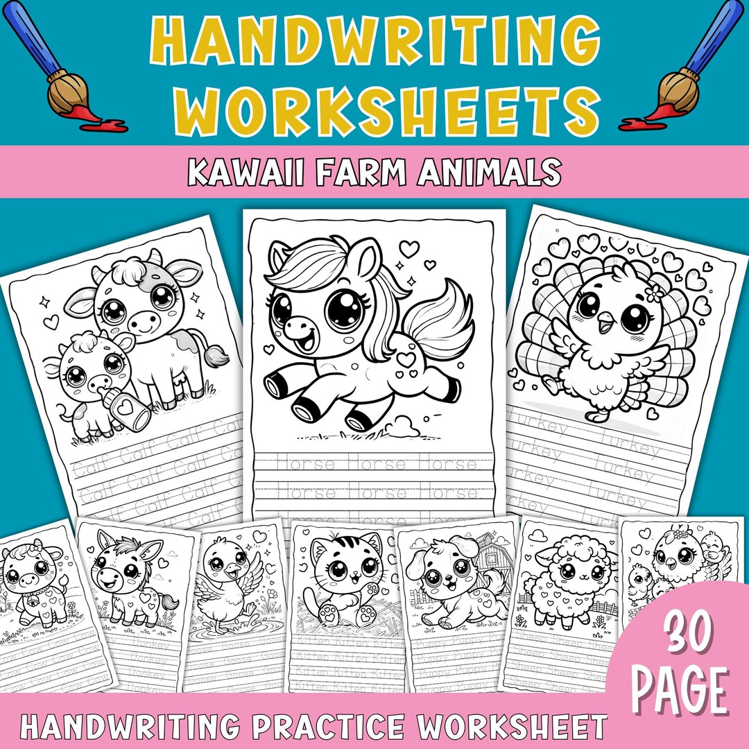 Kawaii Farm Animals Handwriting Worksheets, Learning Handwriting ...