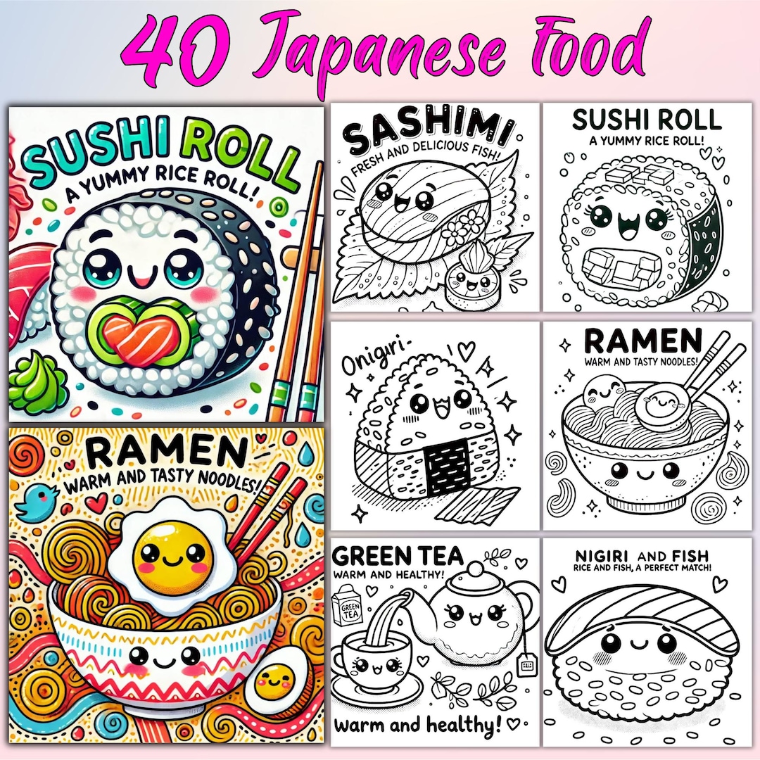 40 Japanese Food Kawaii Coloring Pages, Cute Sushi Ramen Onigiri ...