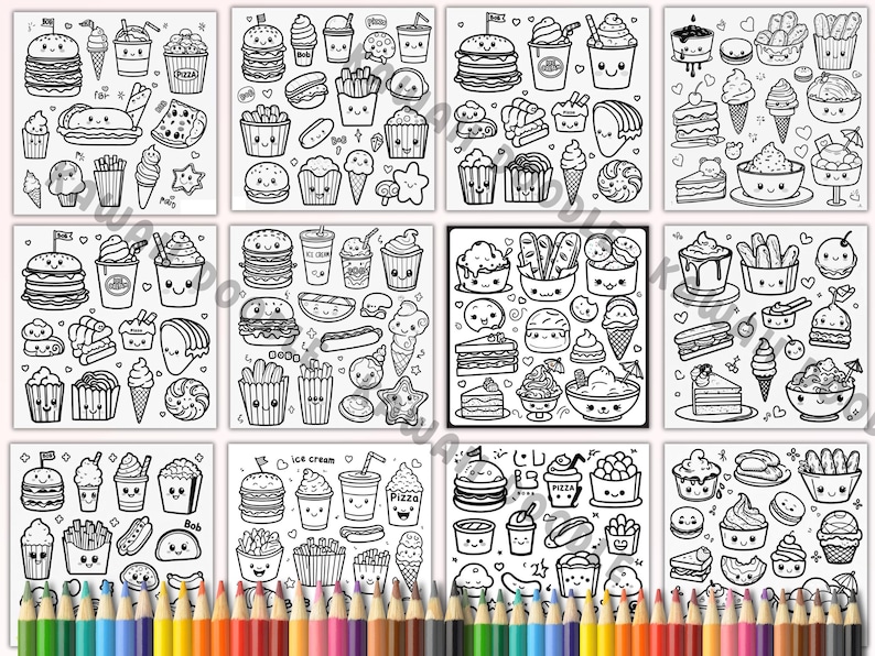32 Kawaii Food Doodle Coloring Pages: Fun Dessert Art (instant Download ...