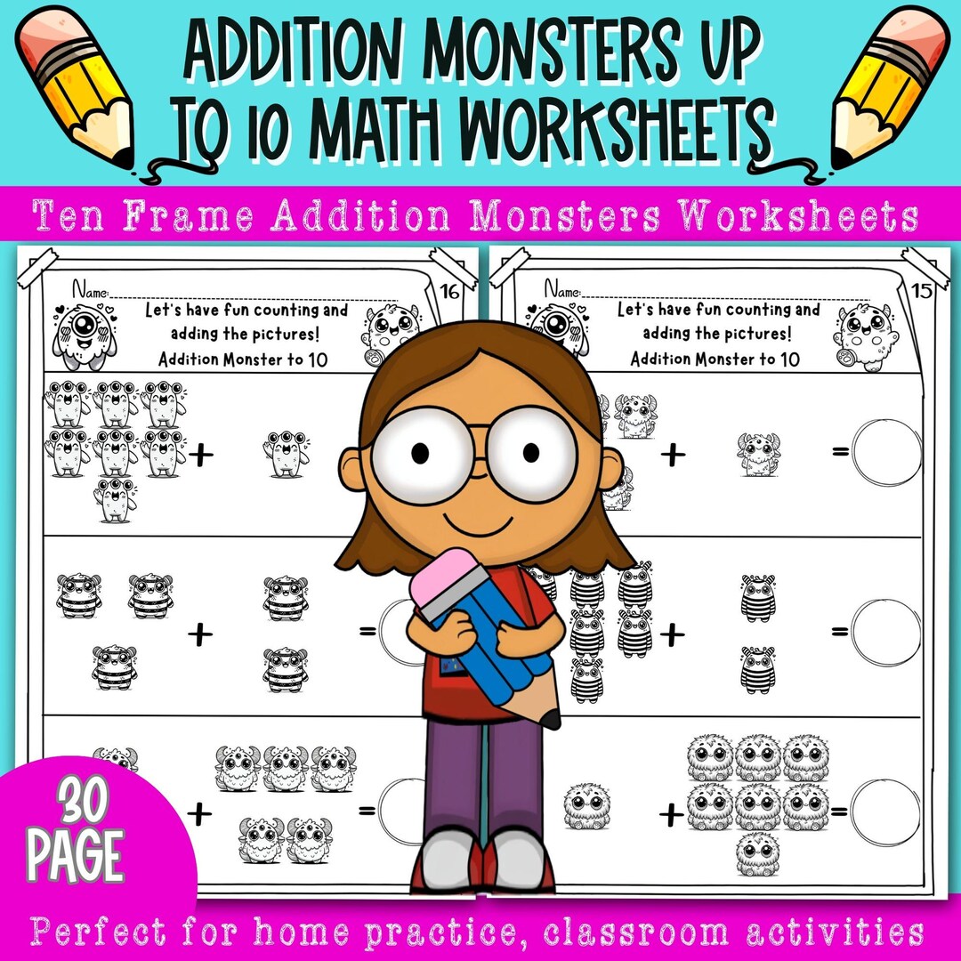 Addition Monsters up to 10 Math Worksheet Printable. - Etsy