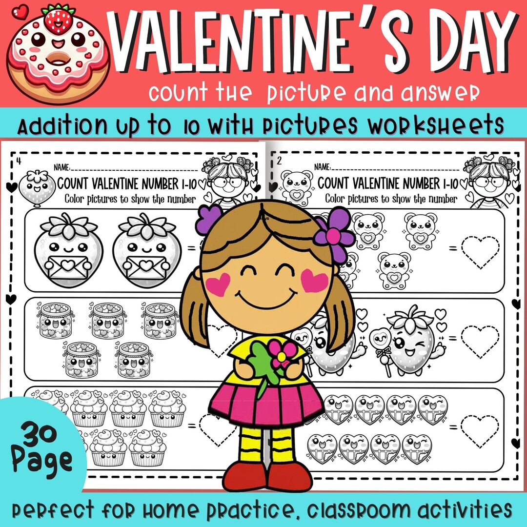 Valentine Day Count the Objects Addition Problems,addition up to 10 ...