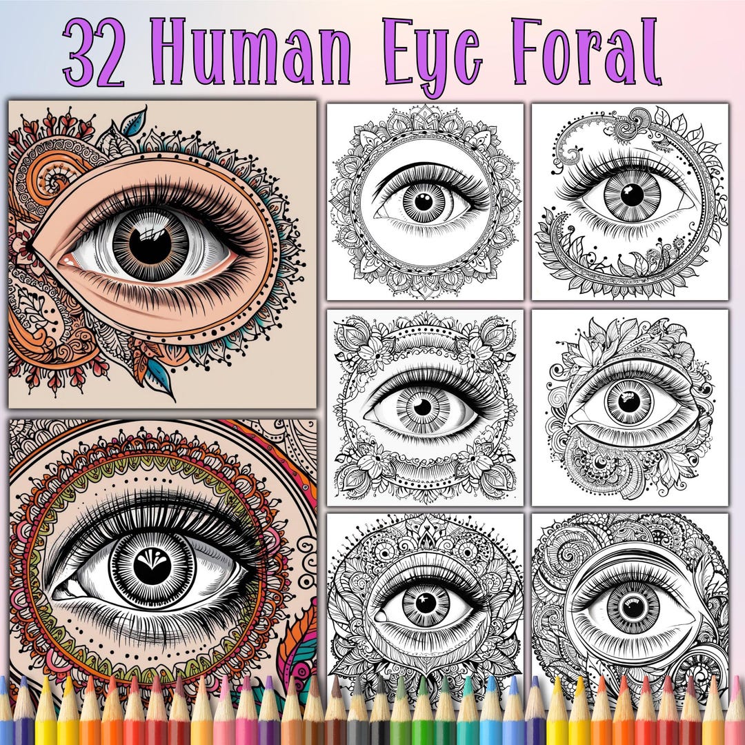 32 Human Eye Coloring Page, Floral and Abstract Design, Intricate Line ...