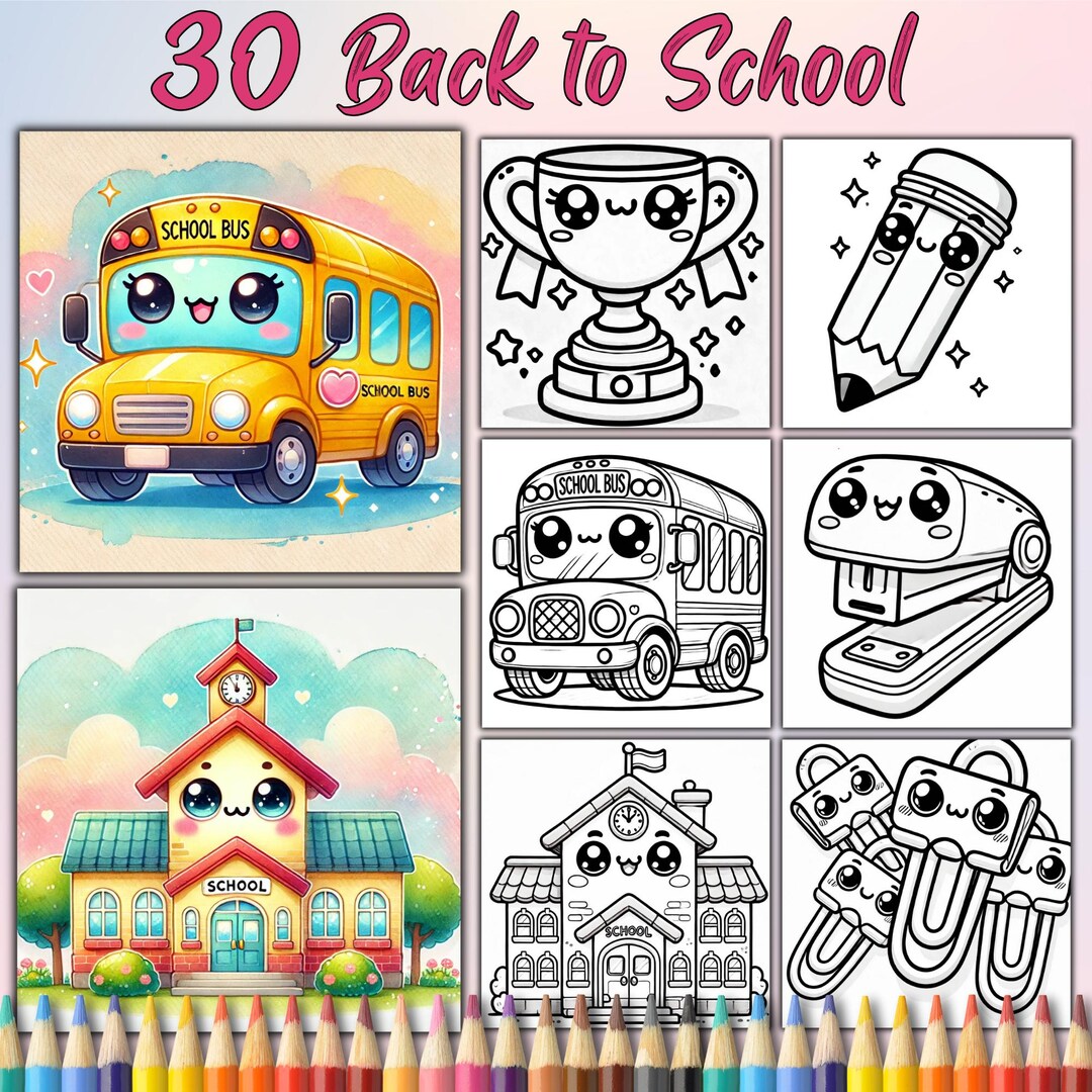 30 Kawaii Back to School Coloring Pages Printable, Cute School Supplies ...