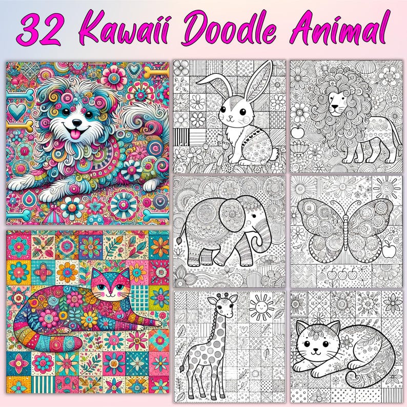 32 Kawaii Doodle Animal Coloring Pages Printable, Cute Animal Doodle ...