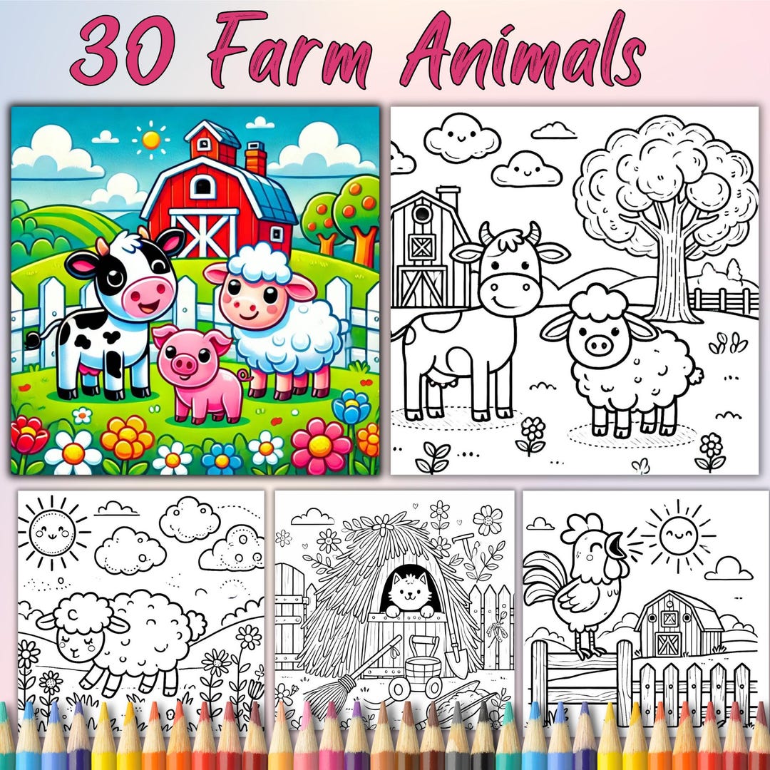 30 Kawaii Farm Animals Coloring Pages for Kids & Adults, Cute Barnyard ...