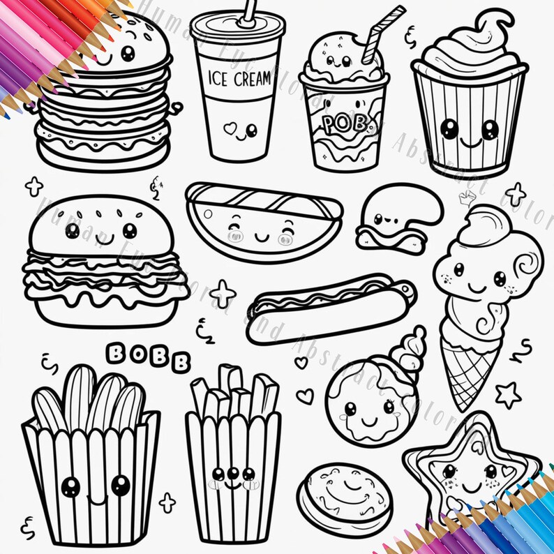 32 Kawaii Food Doodle Coloring Pages: Fun Dessert Art (instant Download ...