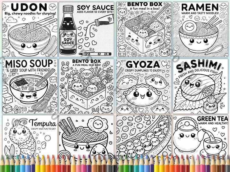 Kawaii Japanese Food Coloring Pages: Sushi, Ramen, Onigiri (digital ...