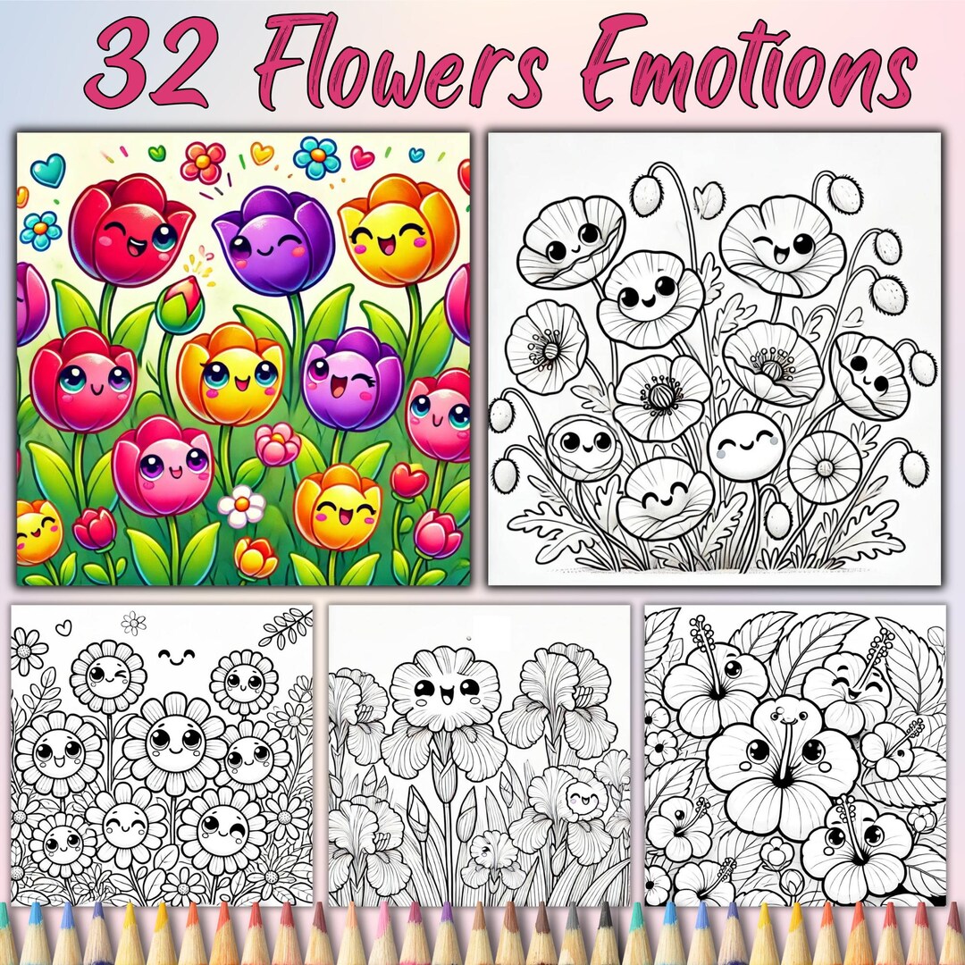 32 Flowers & Happy Emotions Coloring Pages, Cute Floral Mood Coloring ...