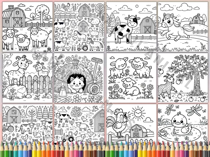 30 Kawaii Farm Animals Coloring Pages, Kids & Adults (PDF) - Etsy