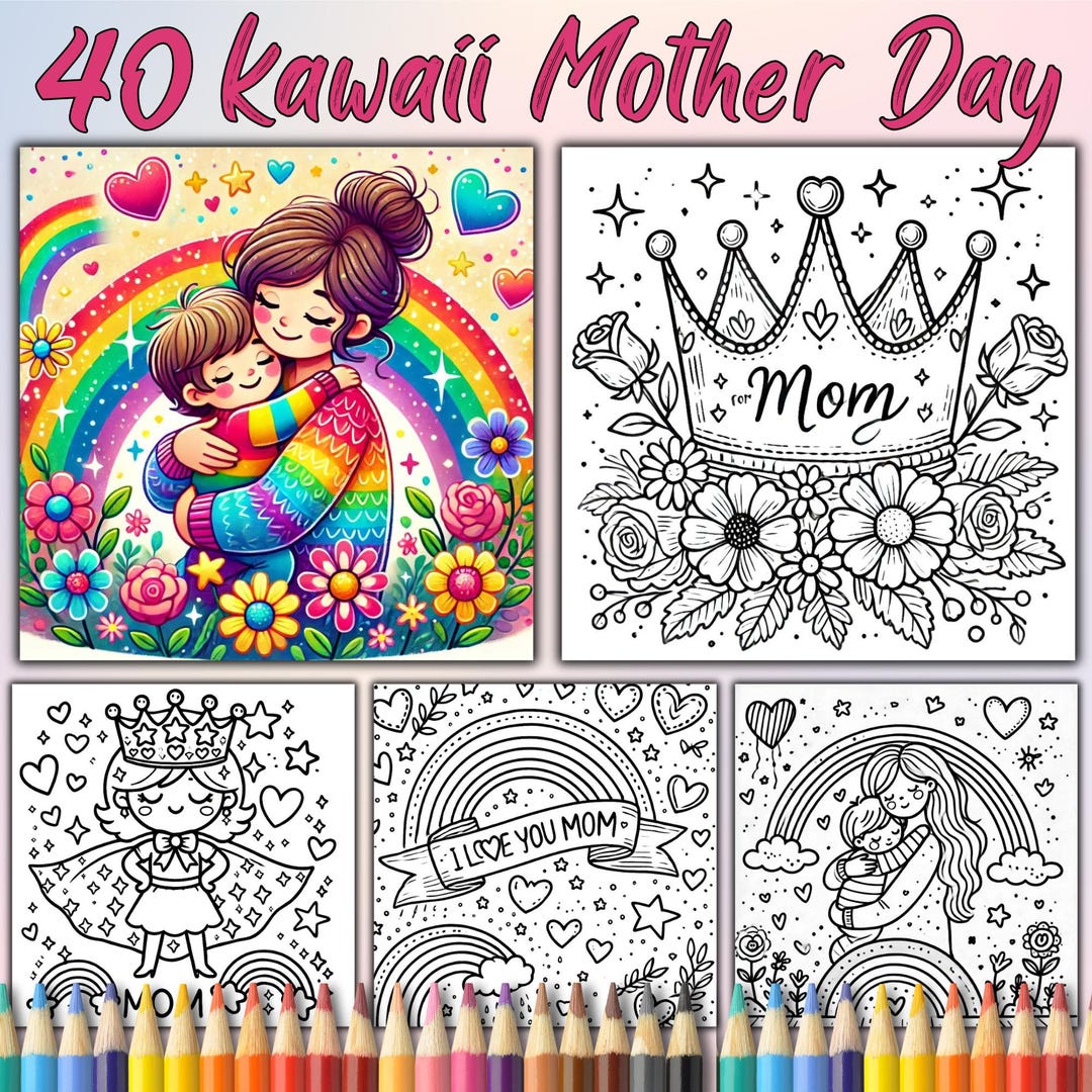 40 Kawaii Mother's Day Coloring Pages, Cute Mom and Baby Animals ...