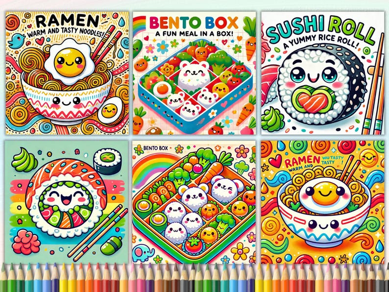 Kawaii Japanese Food Coloring Pages: Sushi, Ramen, Onigiri (digital ...