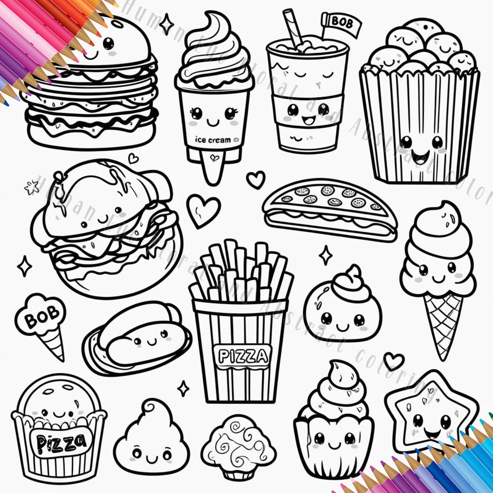 32 Kawaii Food Doodle Coloring Pages: Fun Dessert Art (instant Download ...