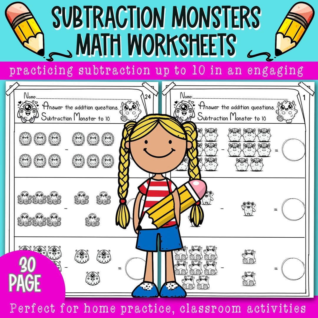 Subtraction Monsters Math Worksheets ,praticing Subtraction up to 10 in ...