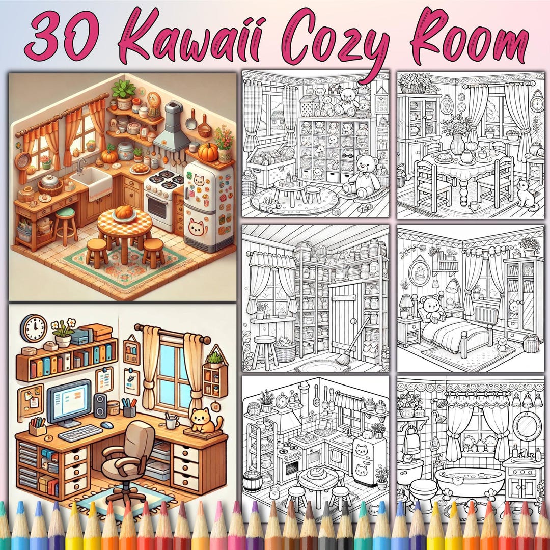 30 Kawaii Cozy Room Coloring Pages, Cute Aesthetic Bedroom Printable ...