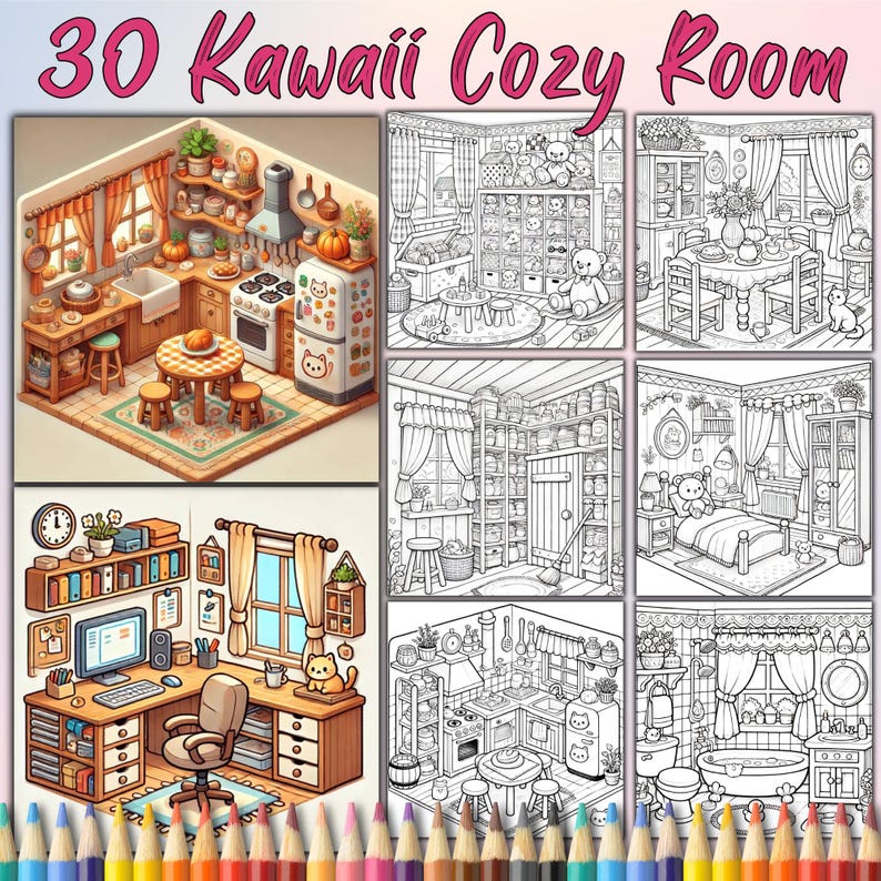 30 Kawaii Cozy Room Coloring Pages, Cute Aesthetic Bedroom Printable ...