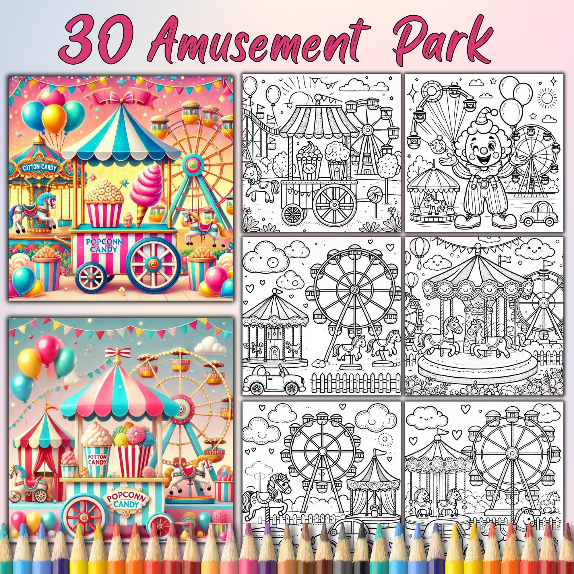 30 Amusement Park Coloring Pages for Kids and Adults, Fun Theme Park ...