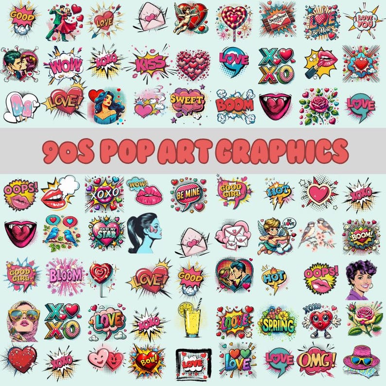 90s Pop Art Graphics, Comic Art Png, Digital Bundle, 90s Vibes, Retro ...