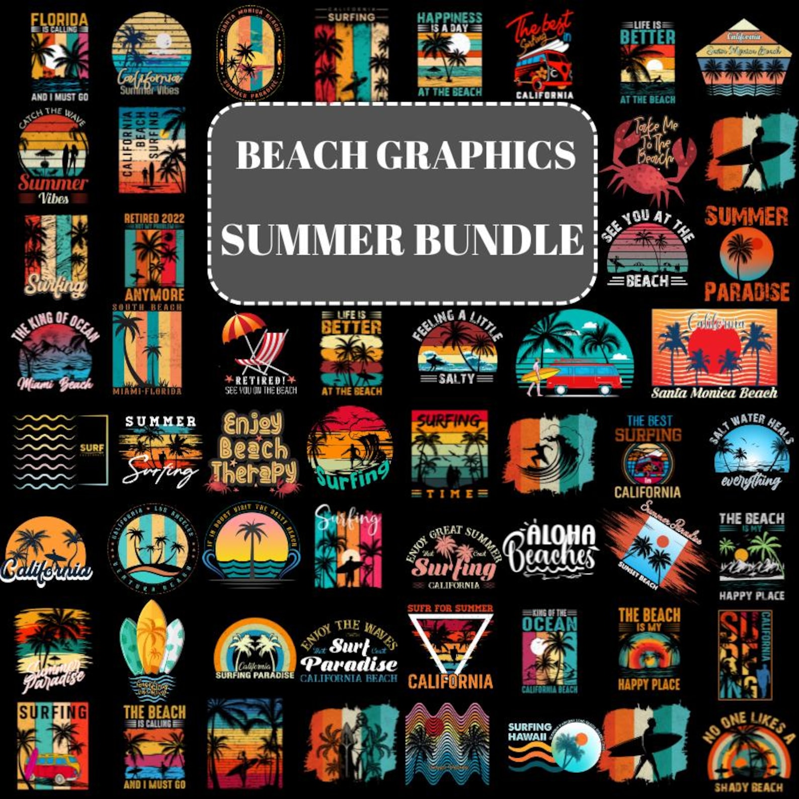 Summer Beach Designs, Summer Printable, Digital Bundle, Beach and Sand ...