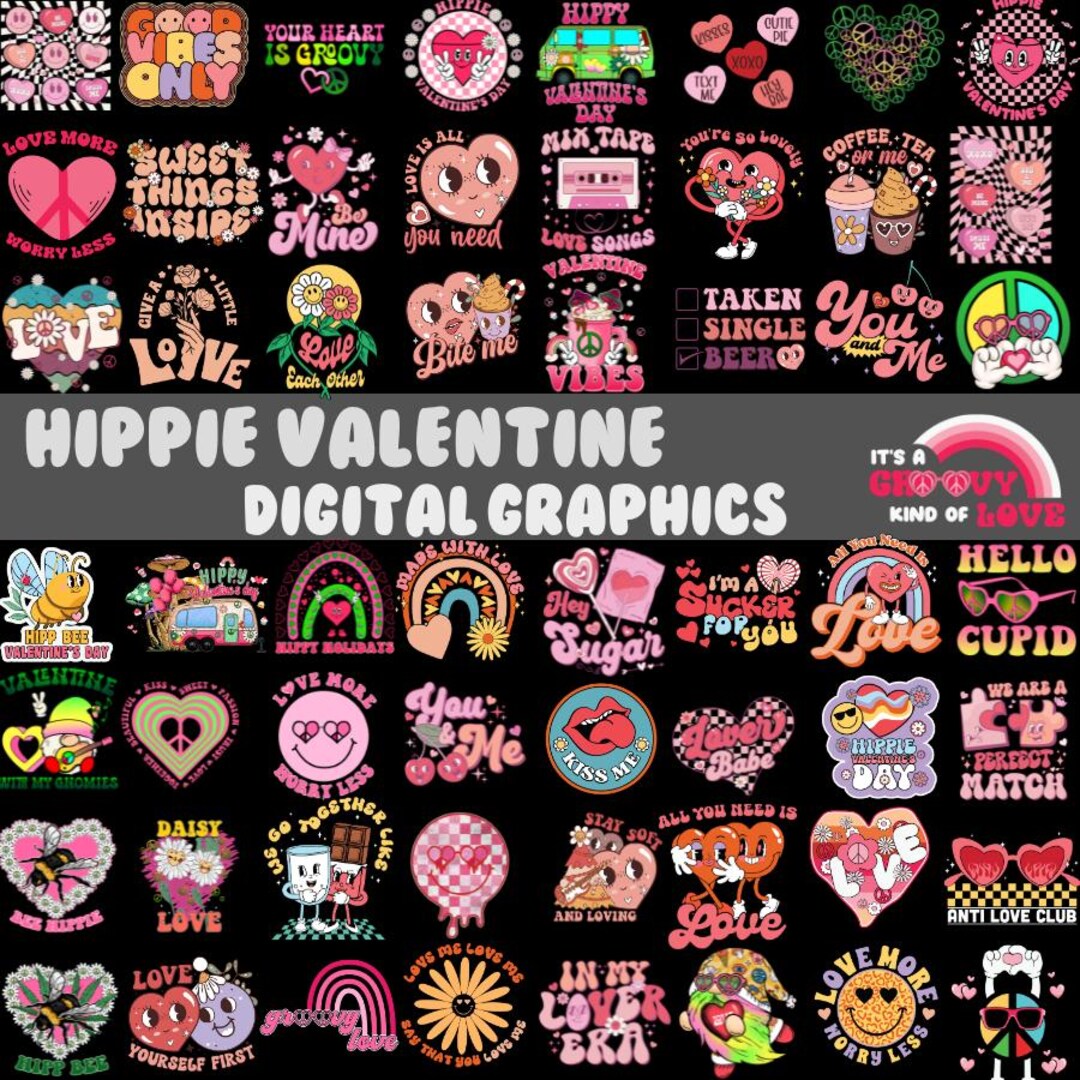 Hippie Valentine Png Bundle, Valentine Graphics, Hippie Printable ...
