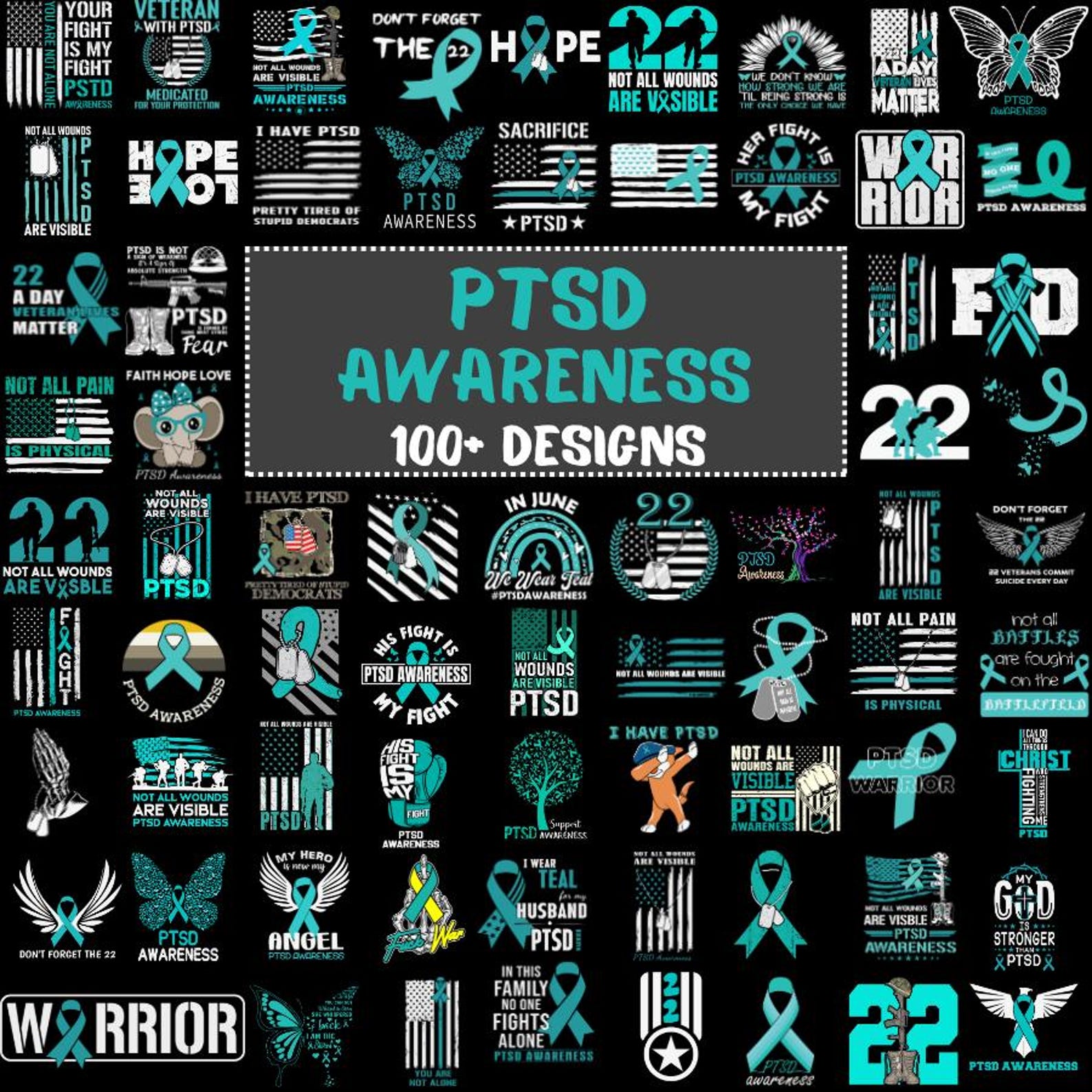 PTSD Awareness Designs, Veteran Png, Teal Ribbon Png, Warrior Shirt ...