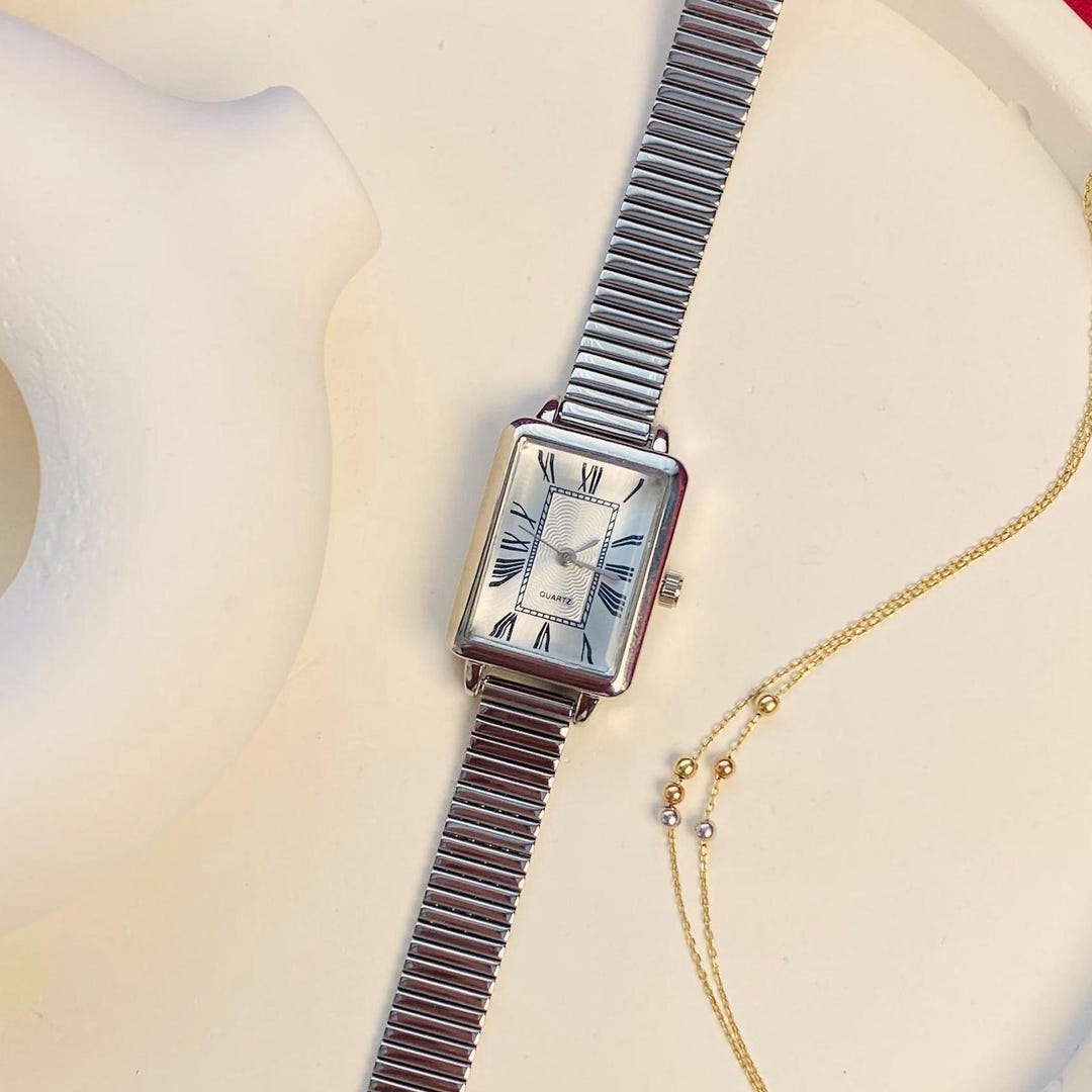 Rectangle and Roman Numeral Dial Womens Watch, Silver Colour and Retro ...