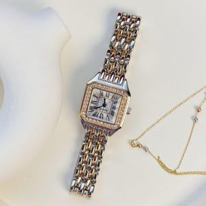 Elegant Rose & Silver Women's Watch - Square Face, Panther Dial ...