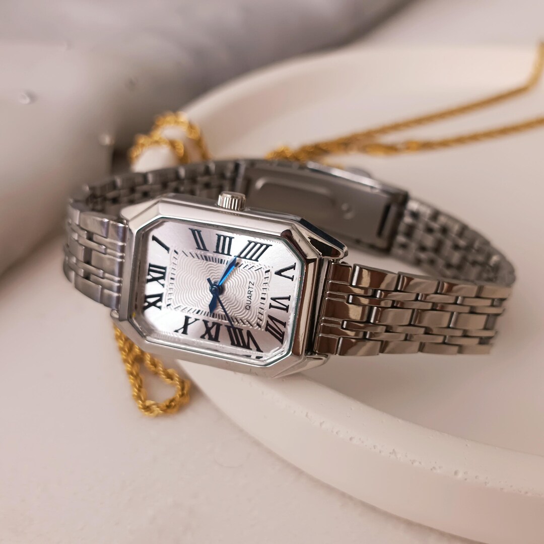 Silver Colour Metal Case Roman Numeral Dial Womens Watch, Rectangular ...