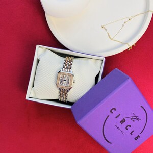 Elegant Rose & Silver Women's Watch - Square Face, Panther Dial ...