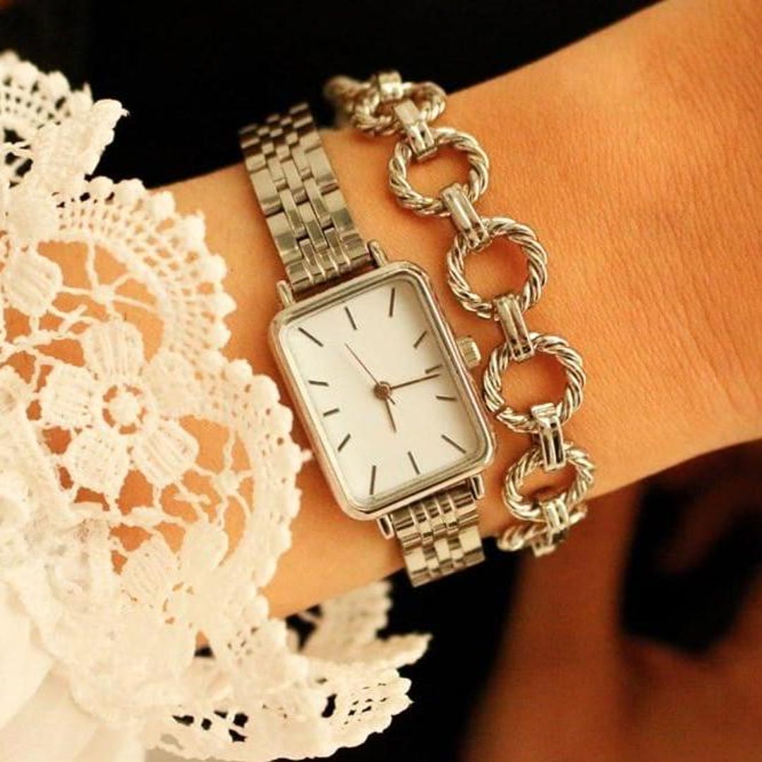 Silver Womens Watch With Rectangle Dial, Minimalist Wristwatch for ...