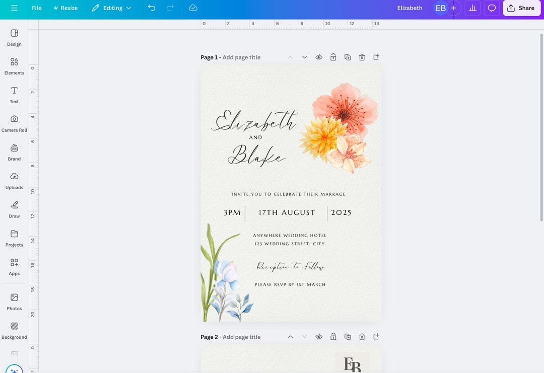 Digital Wedding Invitation Template - White Flower - A5 - One Page ...