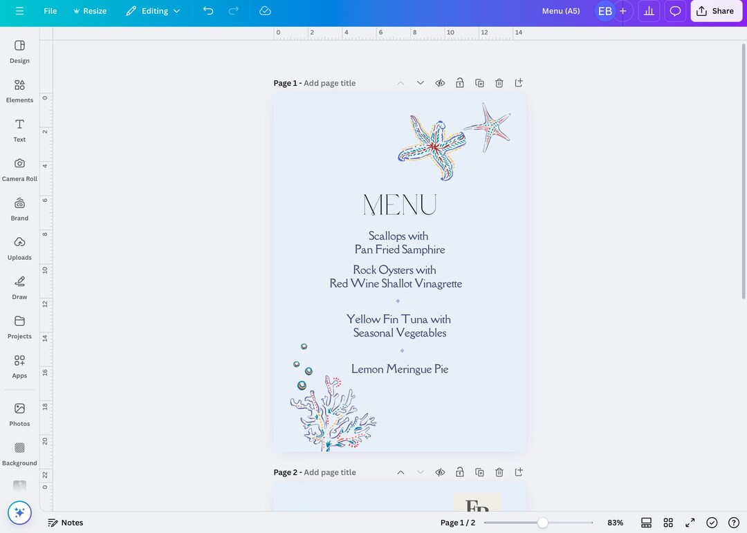 Digital Menu - Sea Theme Menu - A5 - Starfish Shells Seaside - Digital ...