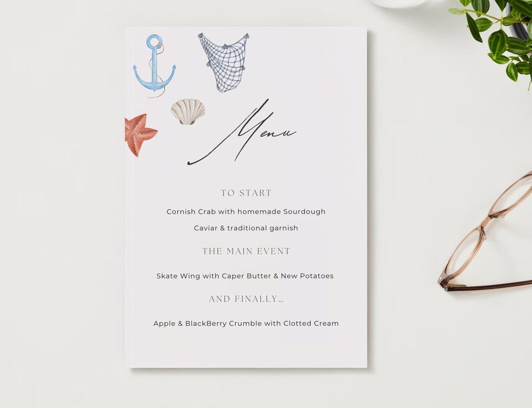 Sea Theme Menu Template: Starfish, Shells, Nautical (digital Download ...