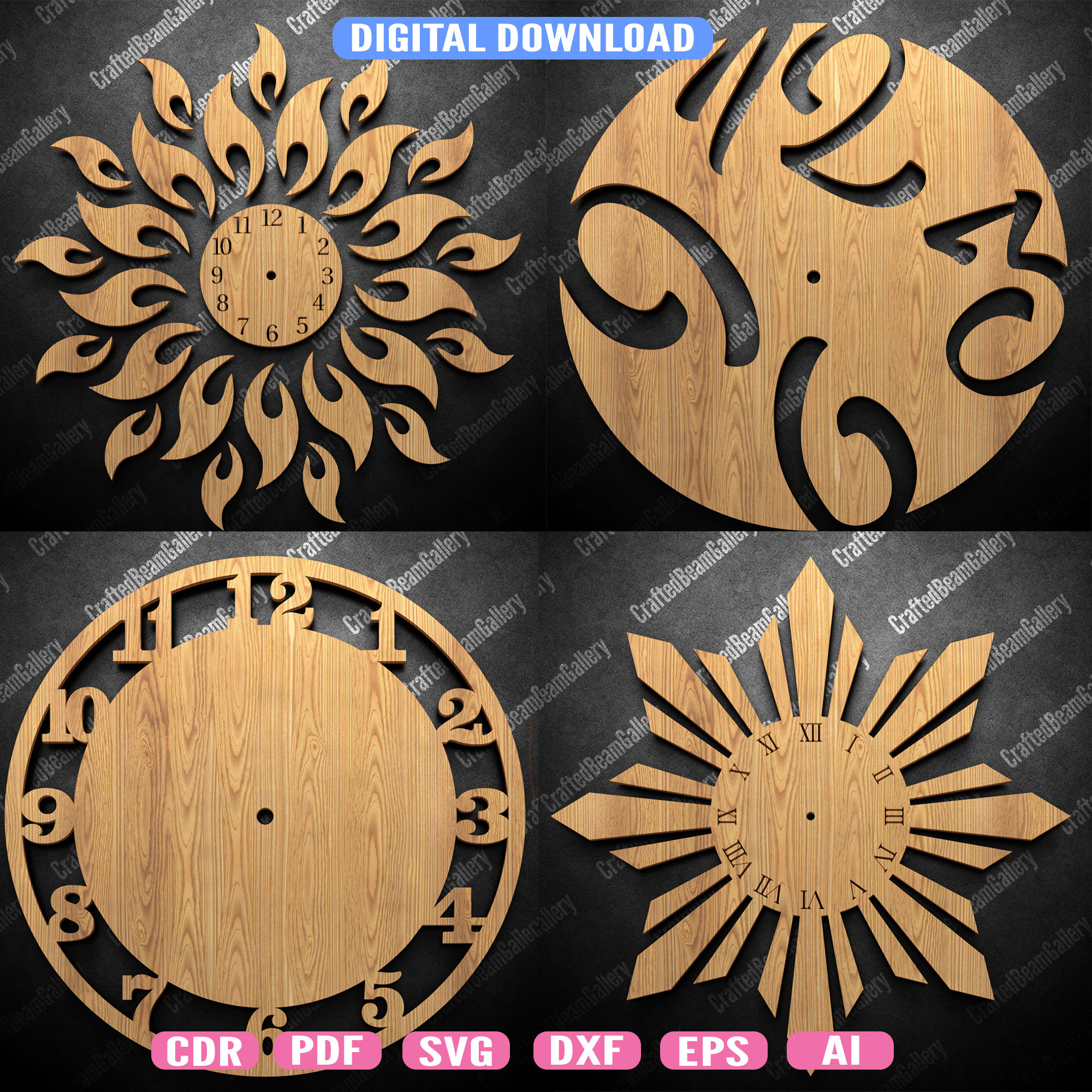 Wall Clock Face Set-01 CNC Bundle Laser Cut Pack SVG Vector Template for CNC and Laser Cutting ...